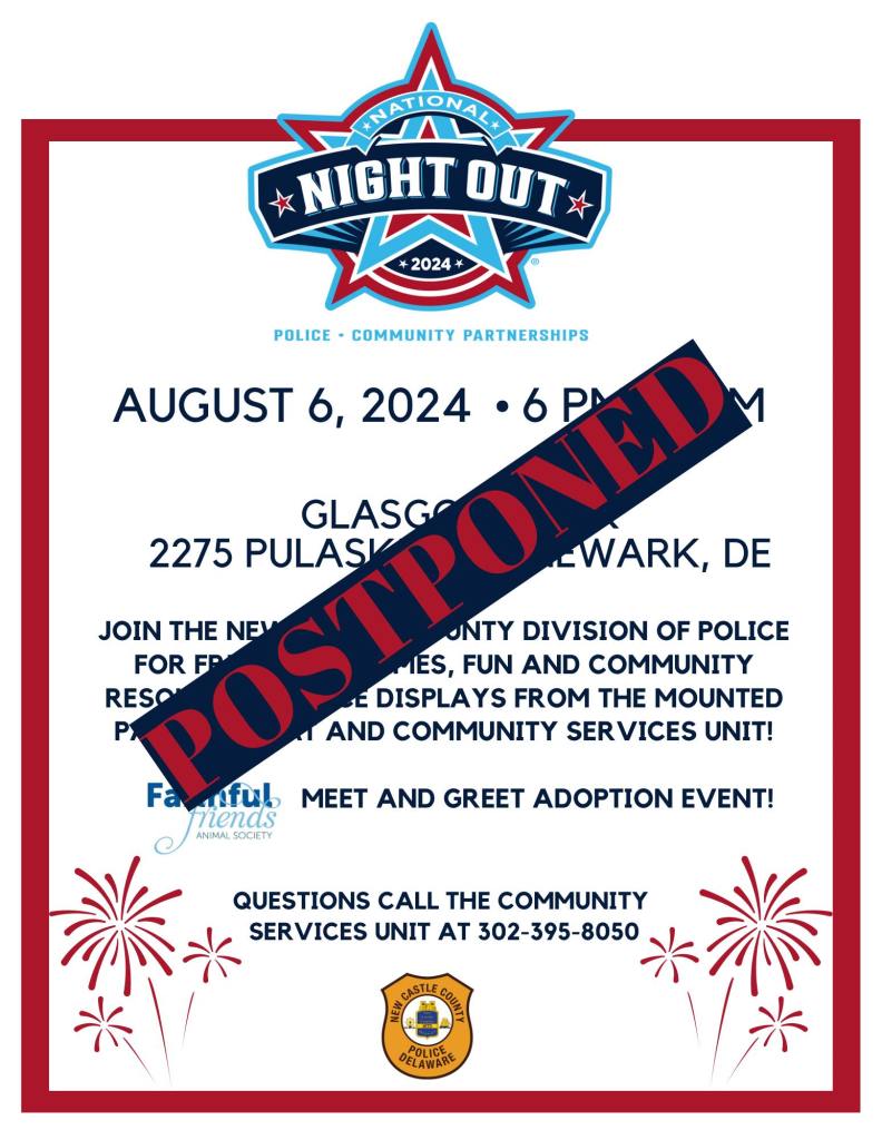 NATIONAL NIGHT OUT POSTPONED DUE TO WEATHER – New Castle County Police News