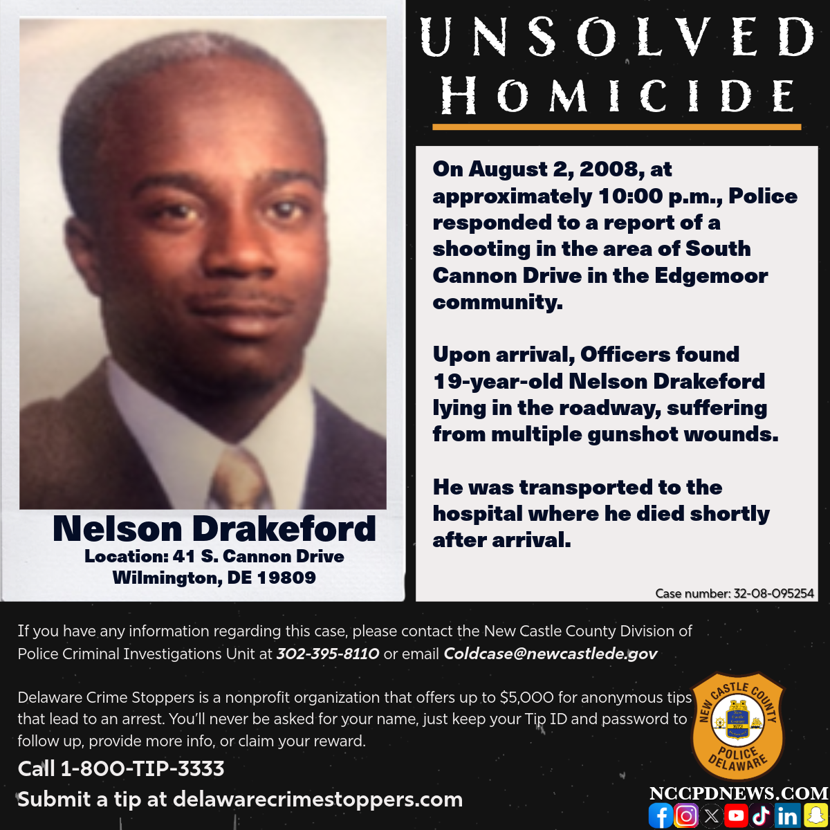 COLD CASE HOMICIDE: NELSON DRAKEFORD (2008) – New Castle County Police ...