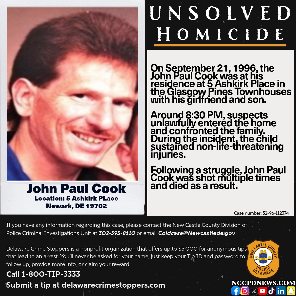 COLD CASE HOMICIDE: JOHN PAUL COOK (1996) – New Castle County Police ...