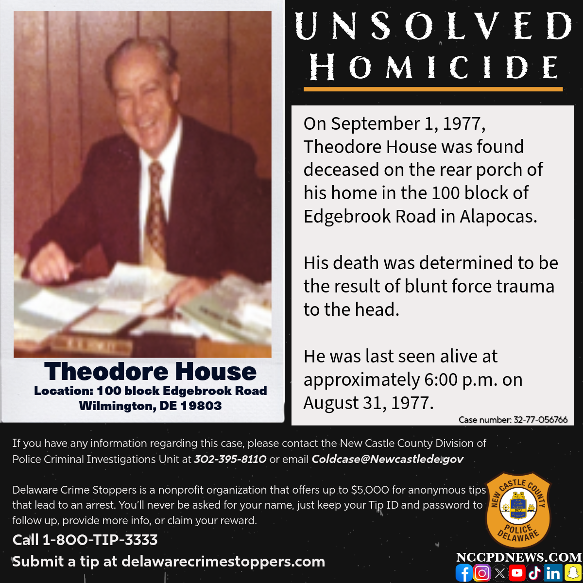 COLD CASE HOMICIDE: THEODORE HOUSE (1977) – New Castle County Police News