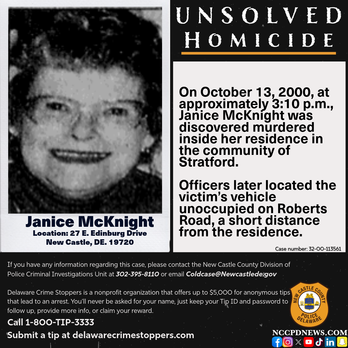 COLD CASE HOMICIDE: JANICE MCKNIGHT (2000) – New Castle County Police ...