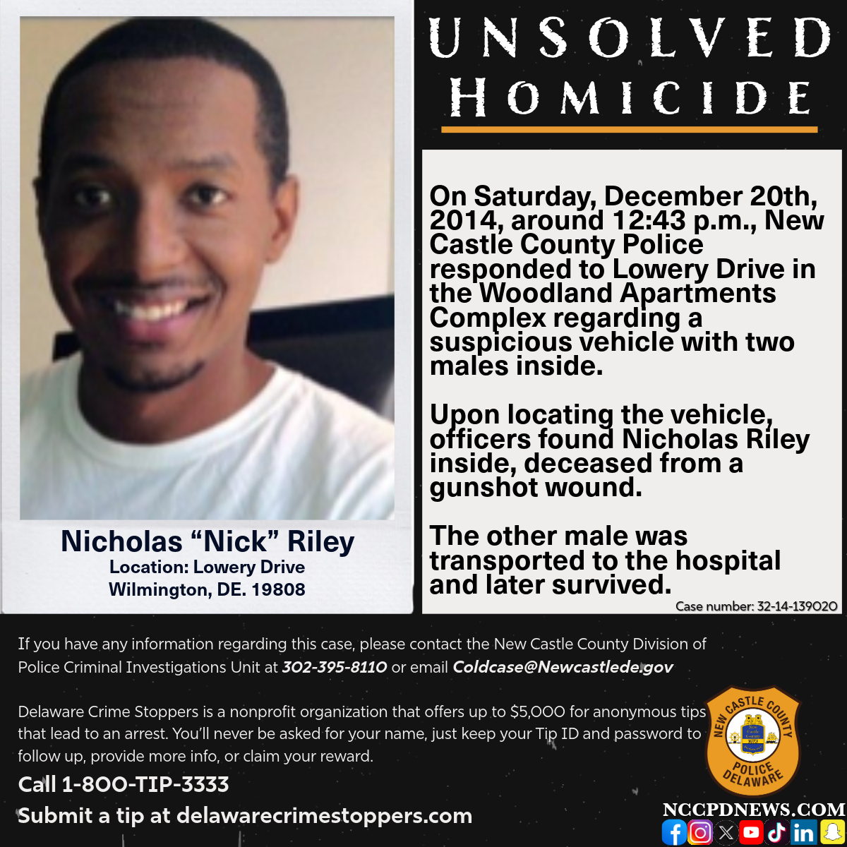 COLD CASE HOMICIDE: NICHOLAS RILEY (2014) – New Castle County Police ...