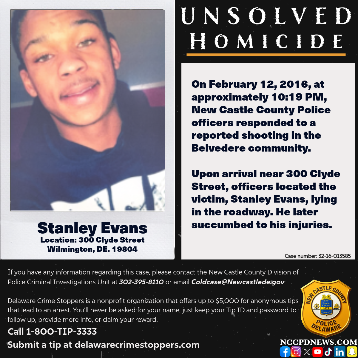 COLD CASE HOMICIDE: STANLEY EVANS (2016) – New Castle County Police ...