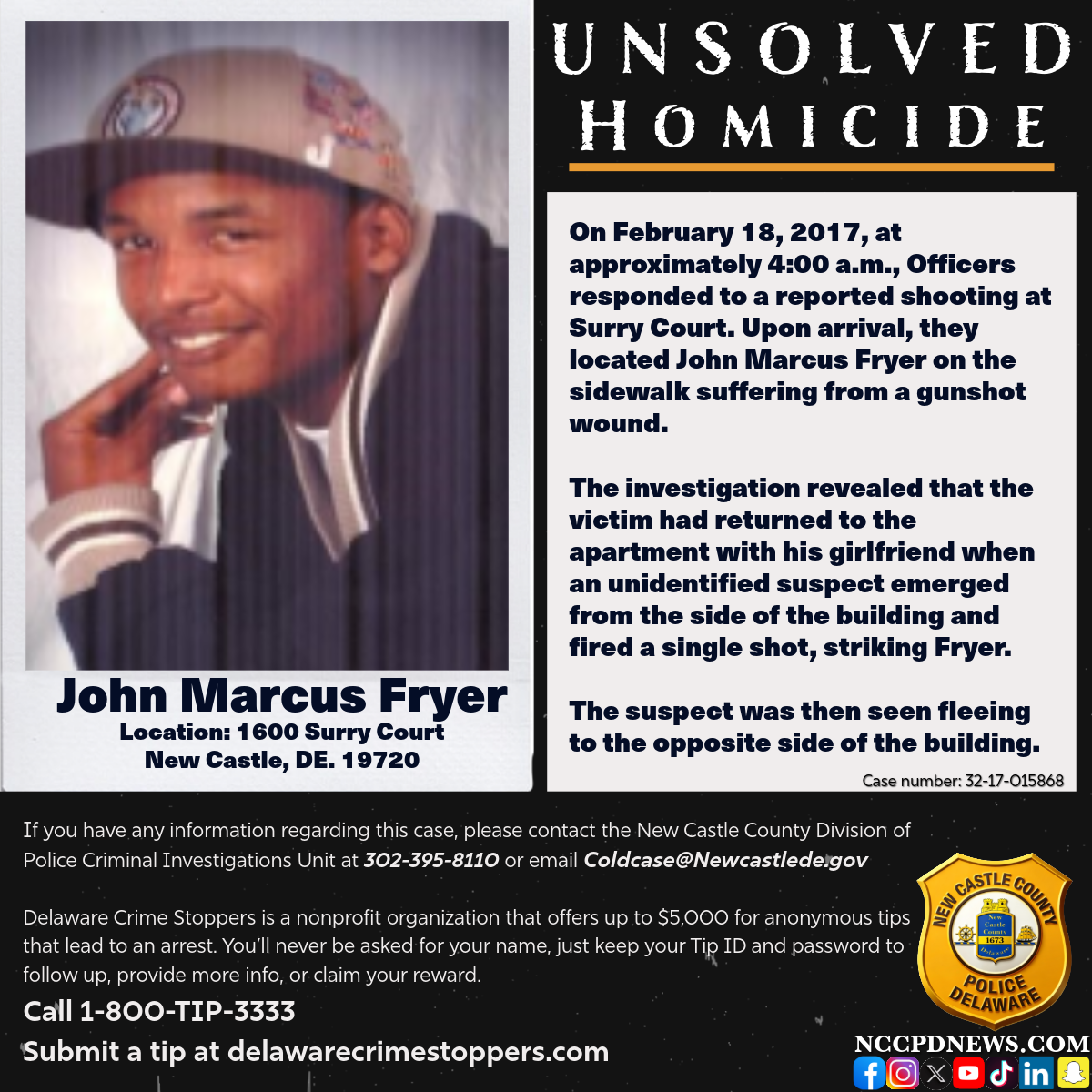 COLD CASE HOMICIDE: JOHN MARCUS FRYER (2017) – New Castle County Police ...